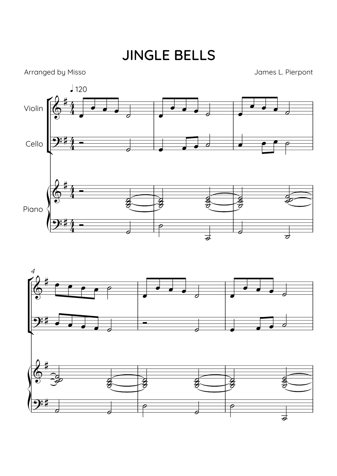 Jingle Bells - Violin, Cello & Piano in G Major (Easy With Chords) (arr. MissoRB) by James L ...