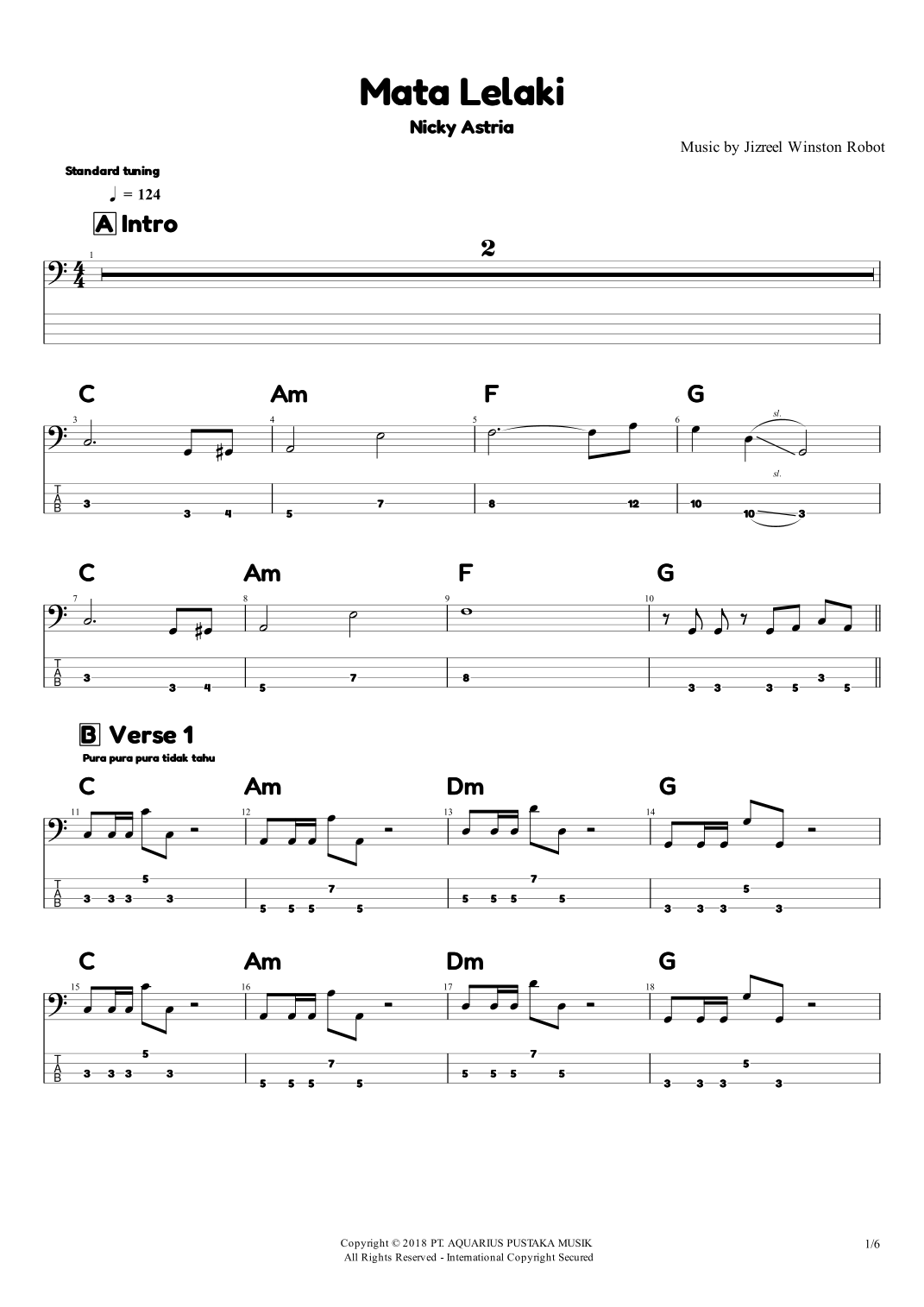 Mata Lelaki (arr. Amri MF) by Nicky Astria Sheet Music for Bass Guitar ...