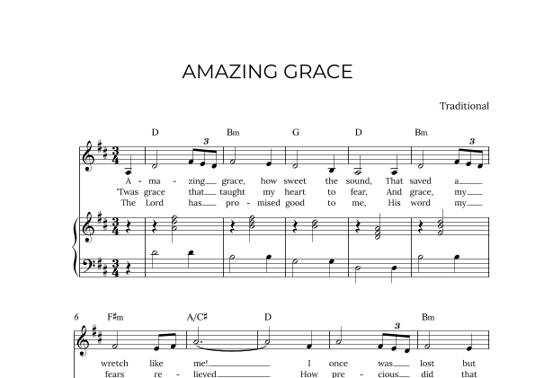 AMAZING GRACE - for piano and alto in D major with chords (arr. Alex ...