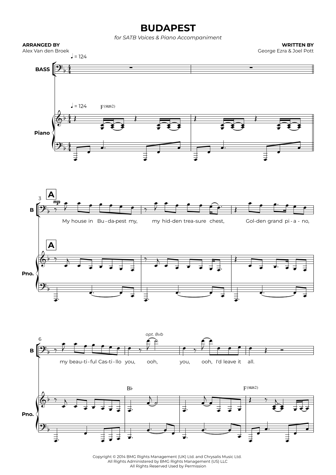 Budapest (arr. Alex Van den Broek) by George Ezra Sheet Music for SATB ...