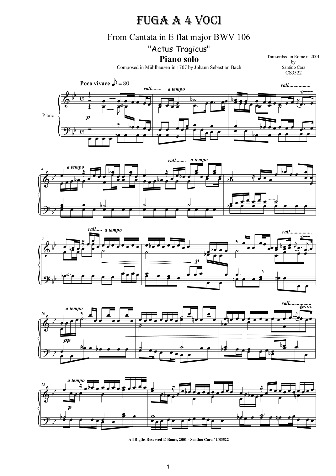 Bach - Sonatina (Fuga a 4 voci in E flat major) BWV 106 for Piano (arr ...