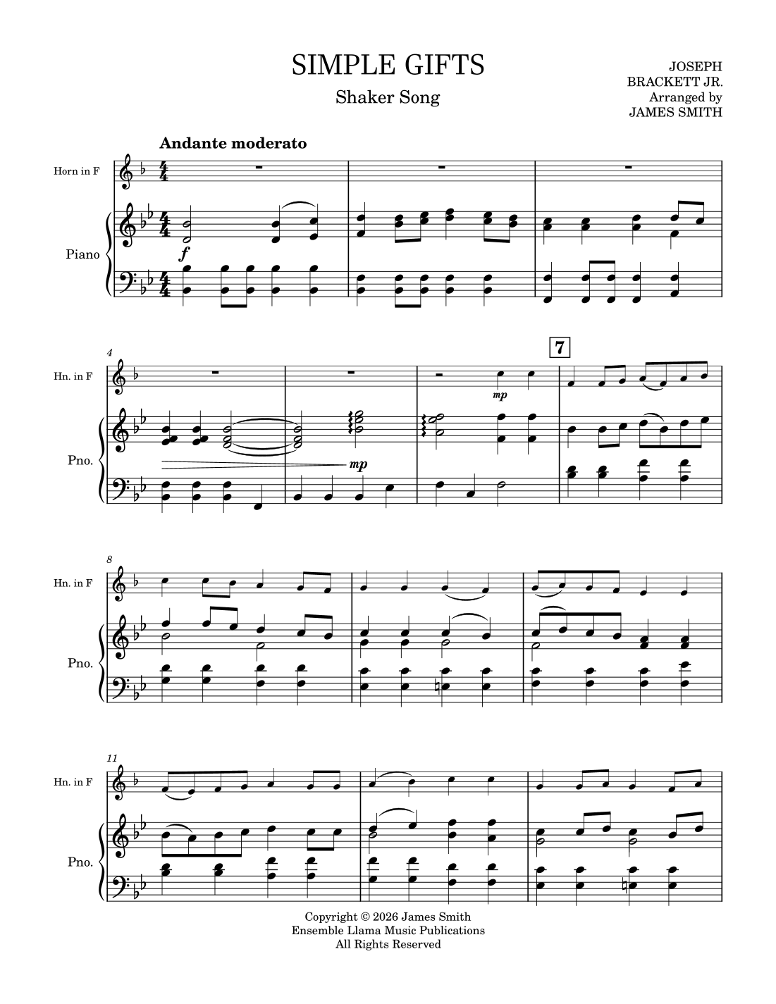 Simple Gifts - Arranged for Horn Solo & Piano Accompaniment (arr. James ...