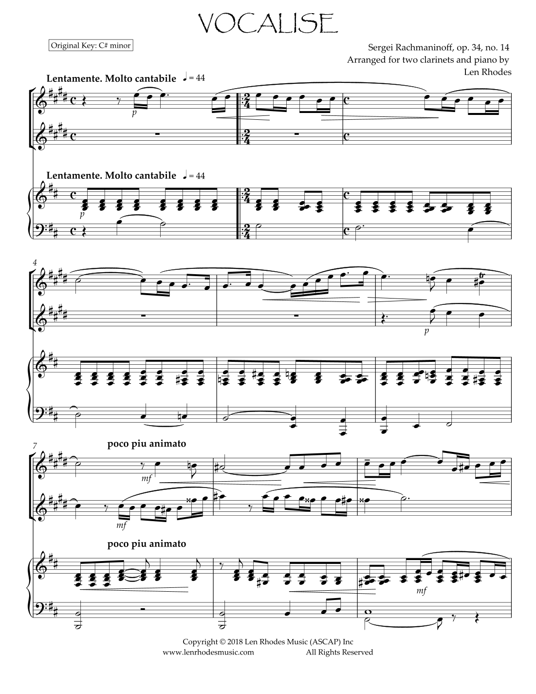 Rachmaninov - Vocalise for Clarinet duo and Piano (arr. Len Rhodes) by ...