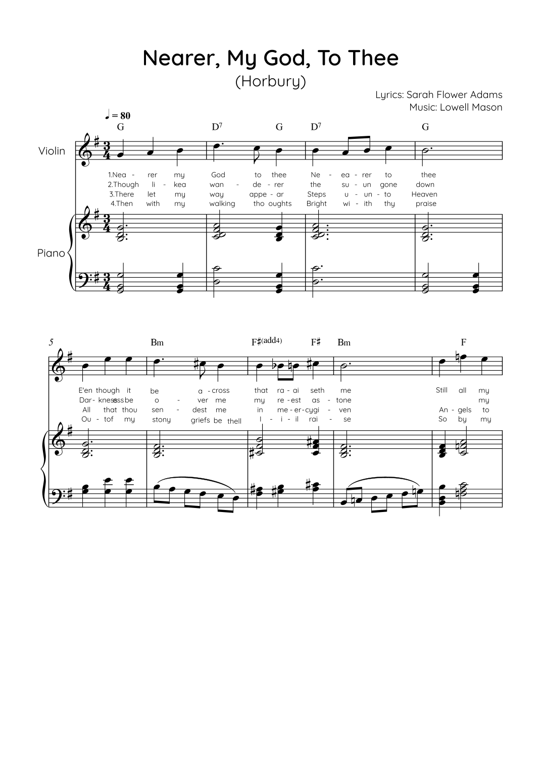 Nearer, My God, To Thee (Horbury) - Violin & Piano in G With Chords ...