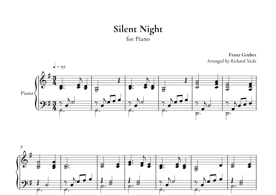 Silent Night (arr. Richard Nicks) by Franz Gruber Sheet Music for Easy ...