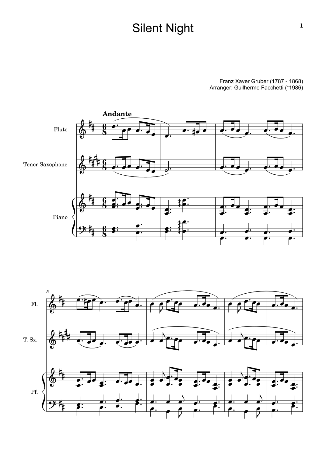 Silent Night - Flute, T. Sax. and Piano. With Parts. (arr. Guilherme ...