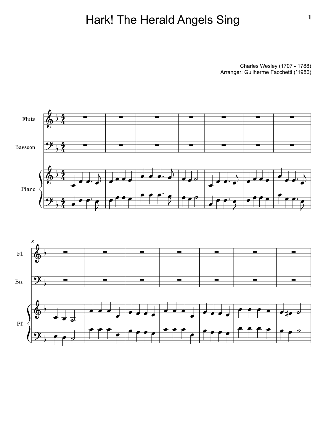 Hark! The Herald Angels Sing - Flute, Bassoon and Piano. With Parts ...