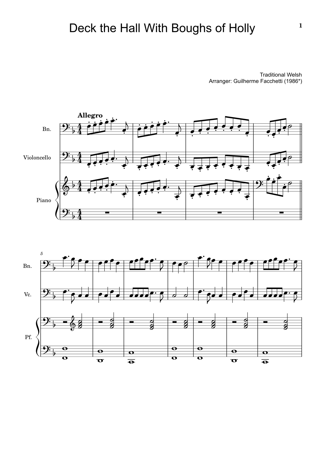 Deck the Hall - Bassoon, Cello & Piano (With Parts) (arr. Guilherme ...
