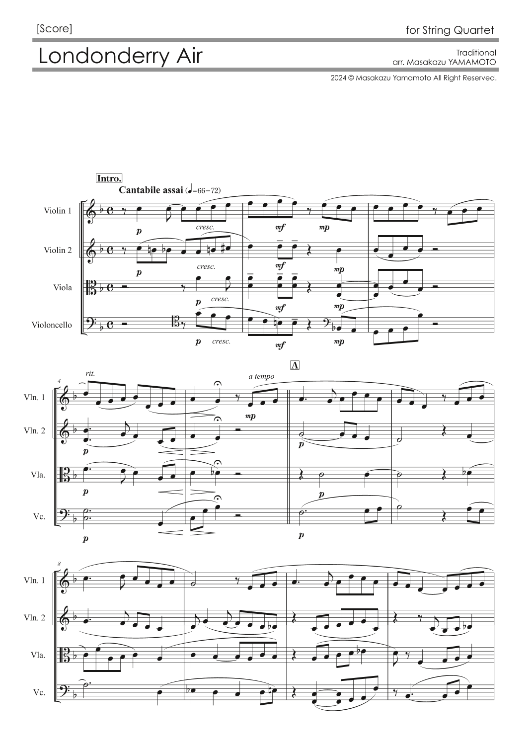 Londonderry Air [String Quartet] - Score Only (arr. Masakazu YAMAMOTO ...