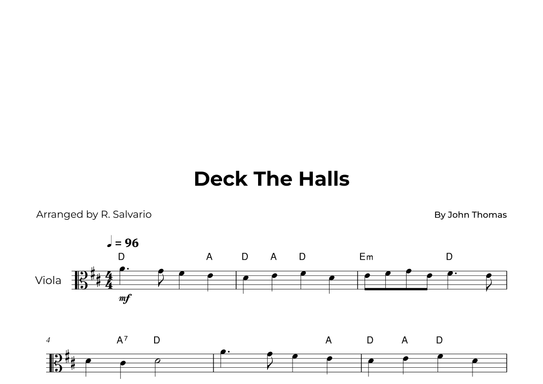 Deck The Halls - Viola Solo (arr. R. Salvario by John Thomas Sheet ...