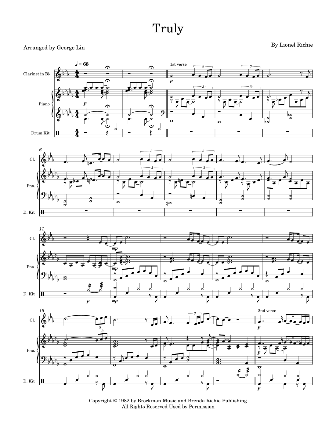Truly (arr. George Lin) by Lionel Richie Sheet Music for Clarinet and ...