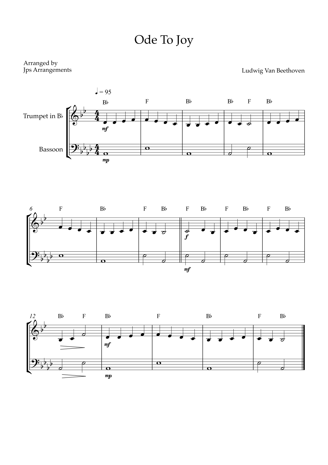 Ode to Joy for Trumpet and Bassoon - Key of Ab (arr. Jps Arrangements ...