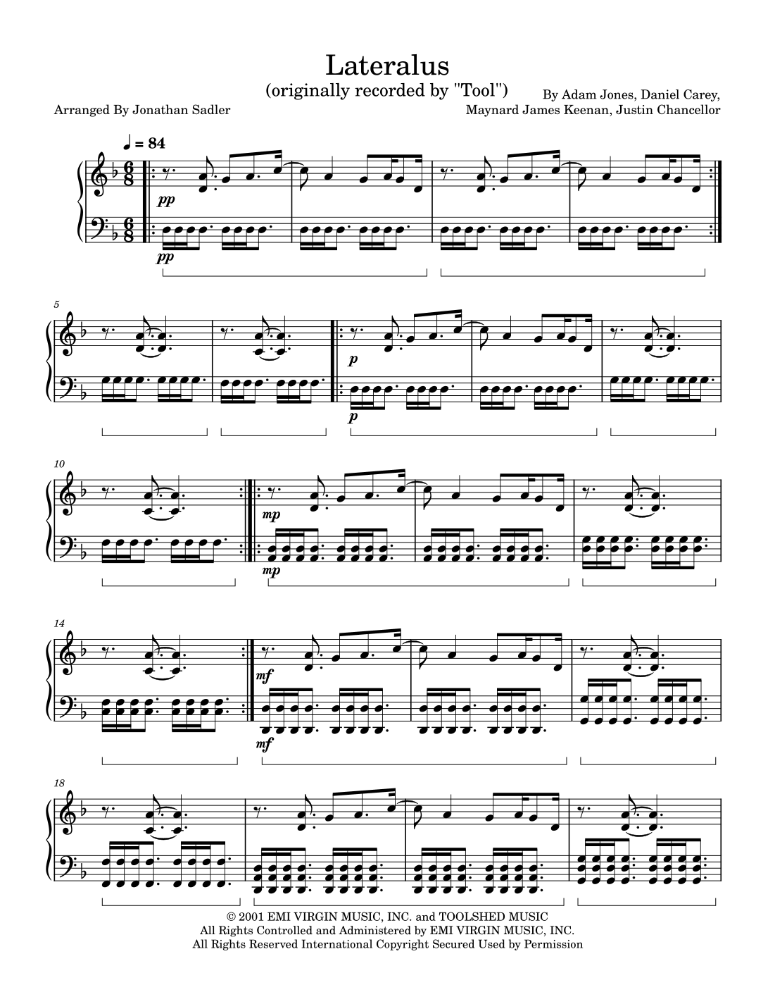 Lateralus (arr. Jonathan Kenneth Sadler) por Tool Partituras para Piano ...