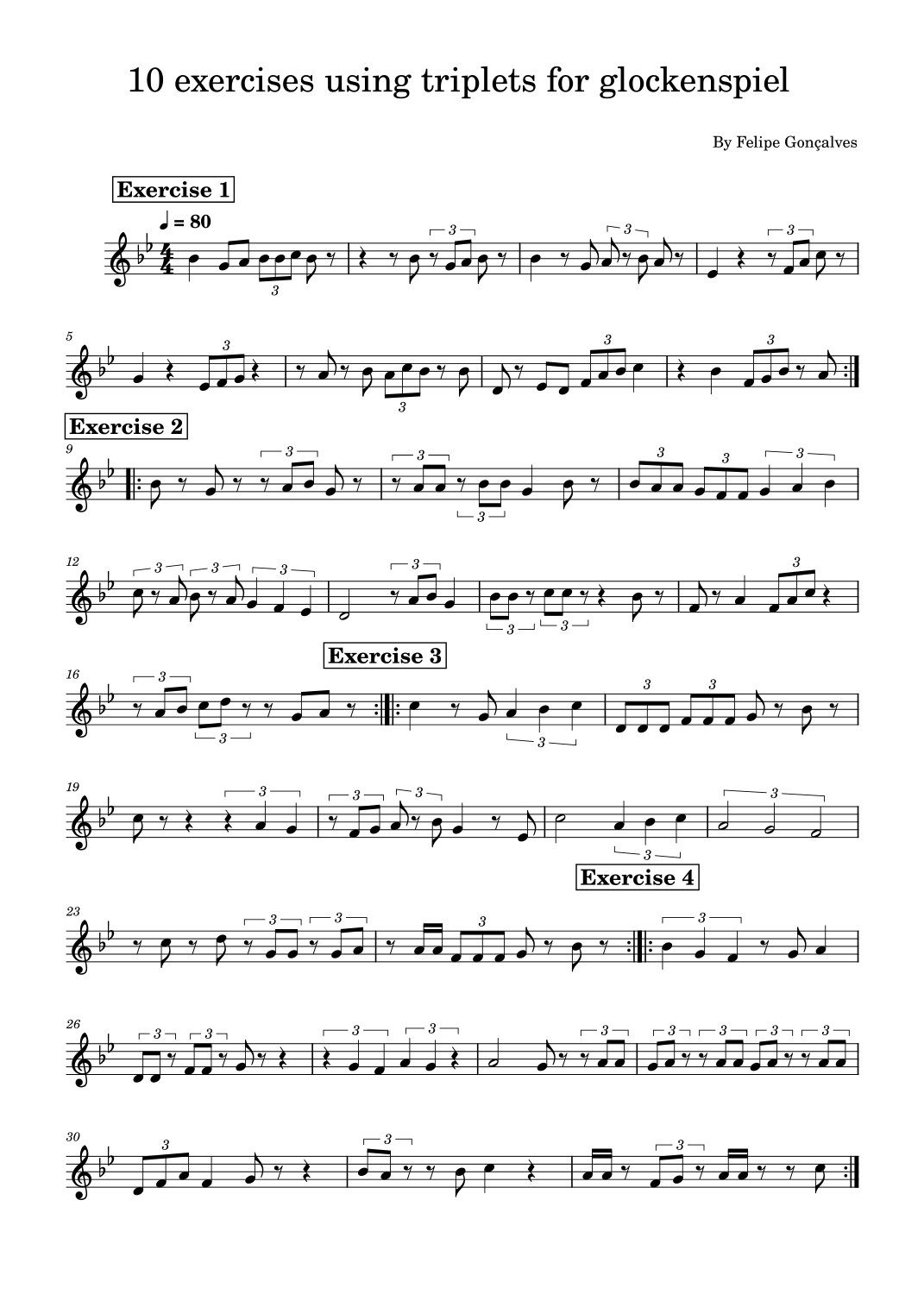 10 exercises using triplets for glockenspiel in the key of A# major / G ...