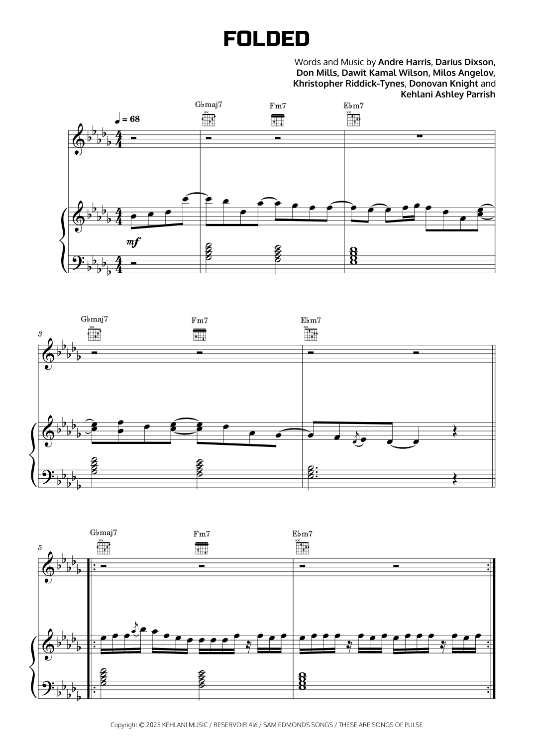 Folded (arr. Guilherme Correa) by Kehlani Sheet Music for Piano, Vocal ...
