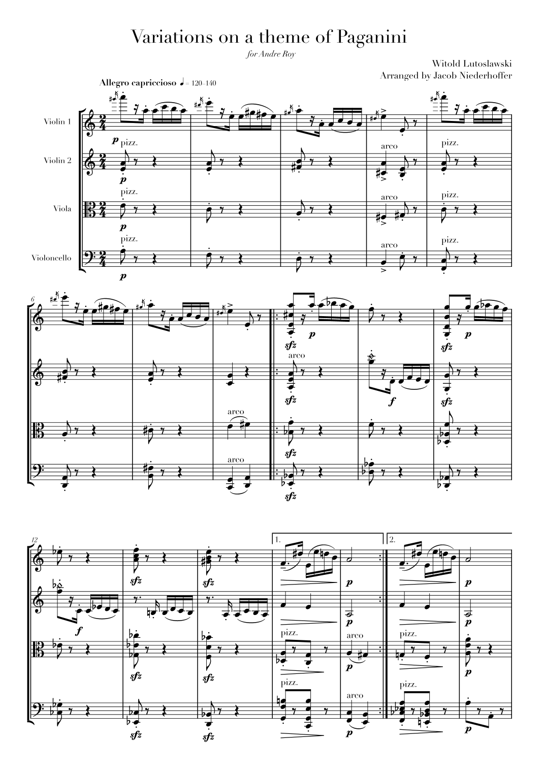 Variations on a Theme of Paganini (arr. Jacob Niederhoffer) by Witold ...