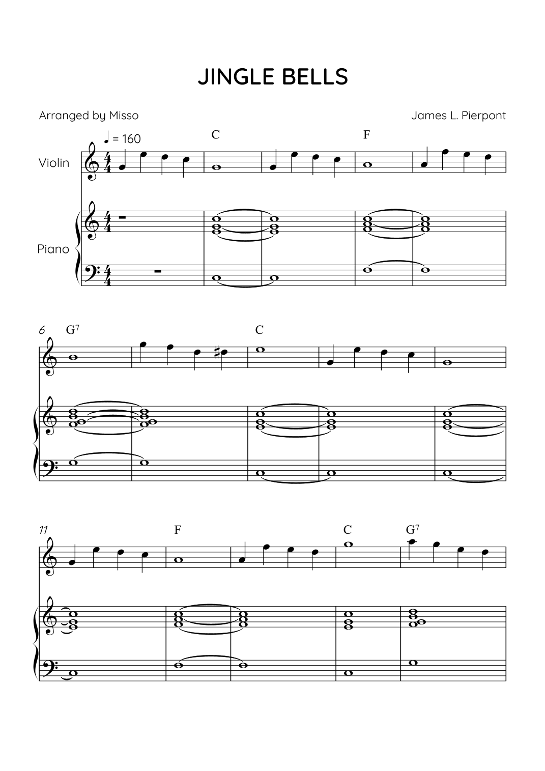Jingle Bells - Violin & Piano in C Major (Beginner With Chords) (arr. MissoRB) by James L ...