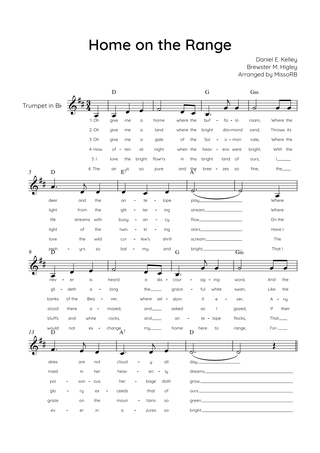 Home on the Range - Trumpet in C With Chords & Lyric - Easy (arr ...
