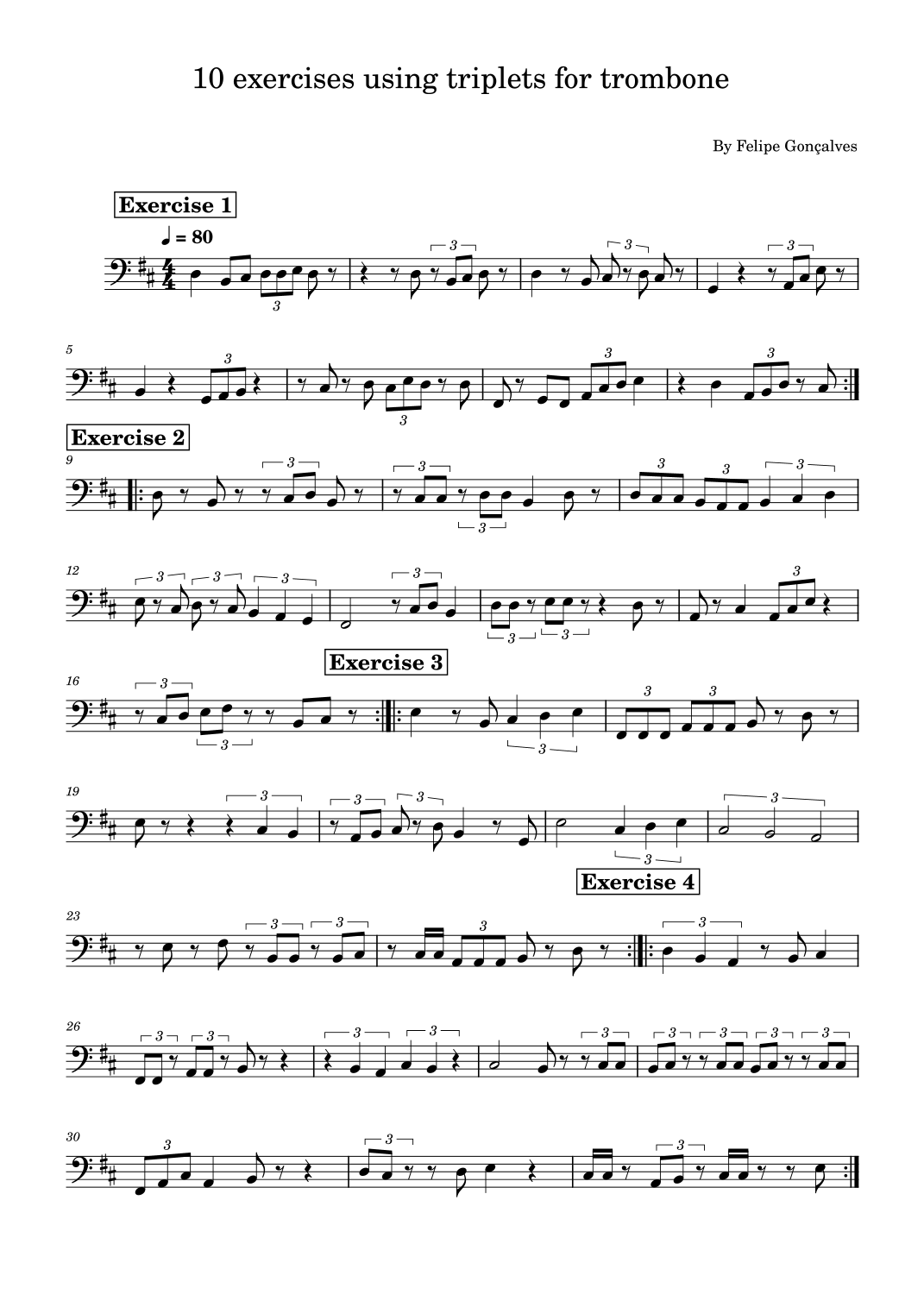10 exercises using triplets for trombone in the key of D major / B ...