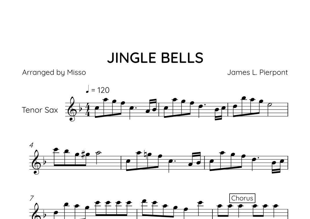 Jingle Bells - Tenor Sax in Eb Major - Intermediate (arr. MissoRB) by ...