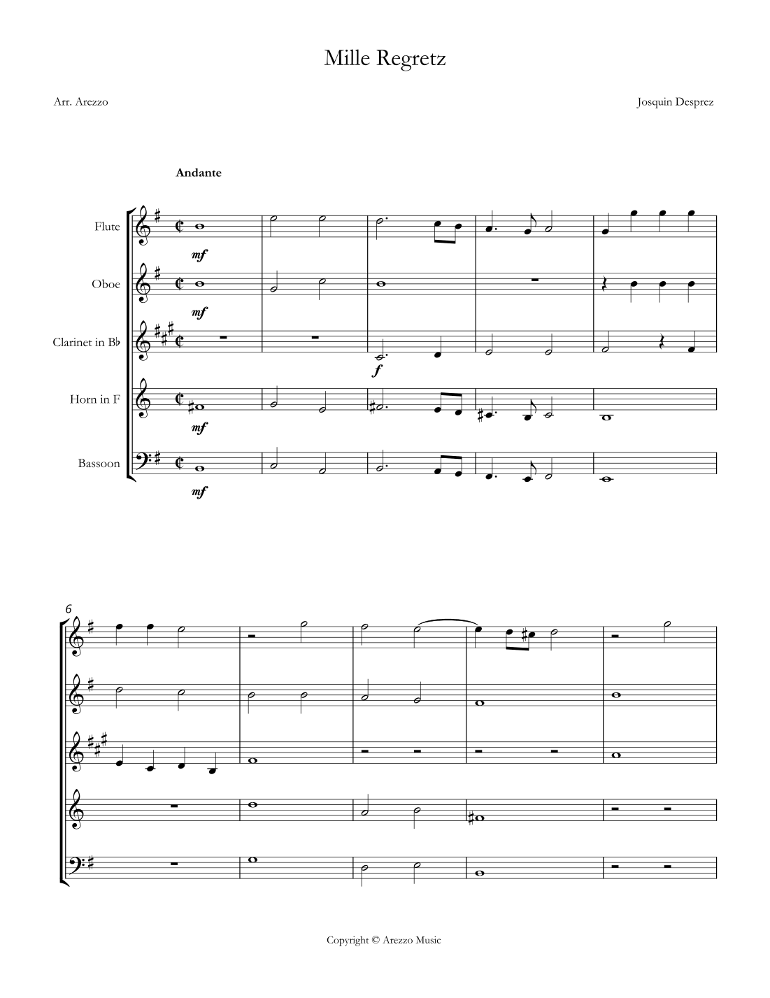 Josquin des Prez – Mille Regretz | Woodwind Quintet Sheet Music (arr ...