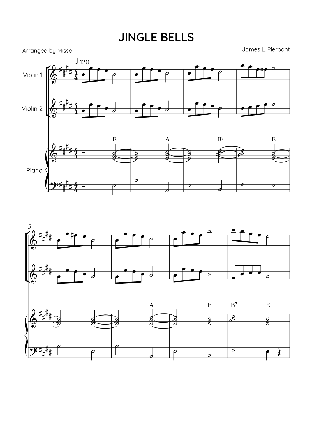 Jingle Bells - Violin Duet & Piano in E Major (Easy With Chords) (arr ...