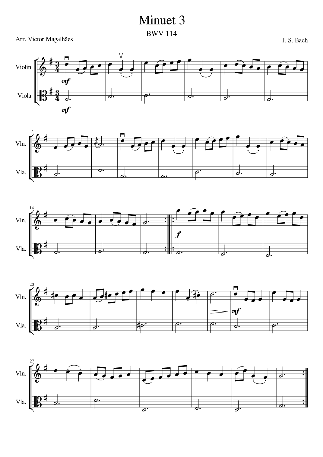 Minuet - Bach's BWV 114 - Easy Duet for Violin & Viola (with Bowings ...