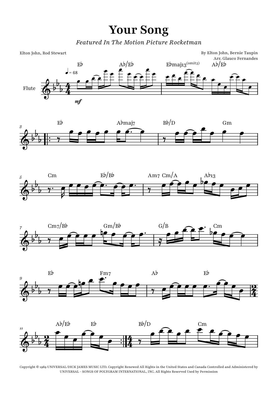 Your Song (arr. Glauco Fernandes) by Elton John Sheet Music for Flute ...