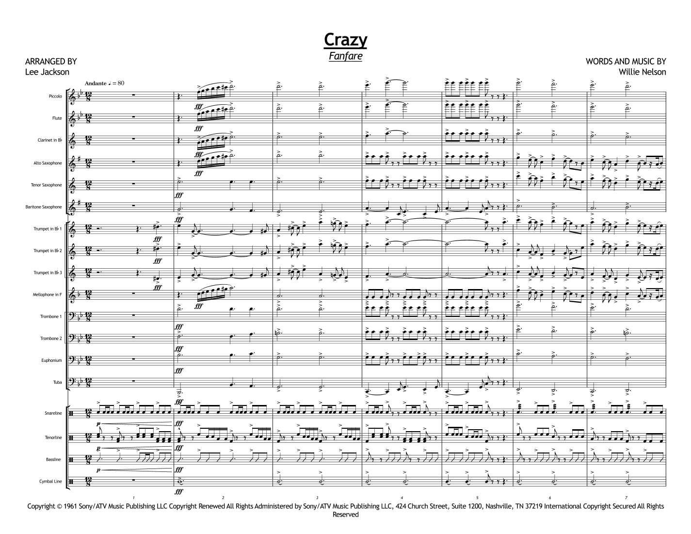 Crazy (arr. Lee Jackson by Patsy Cline Sheet Music for Marching Band at ...
