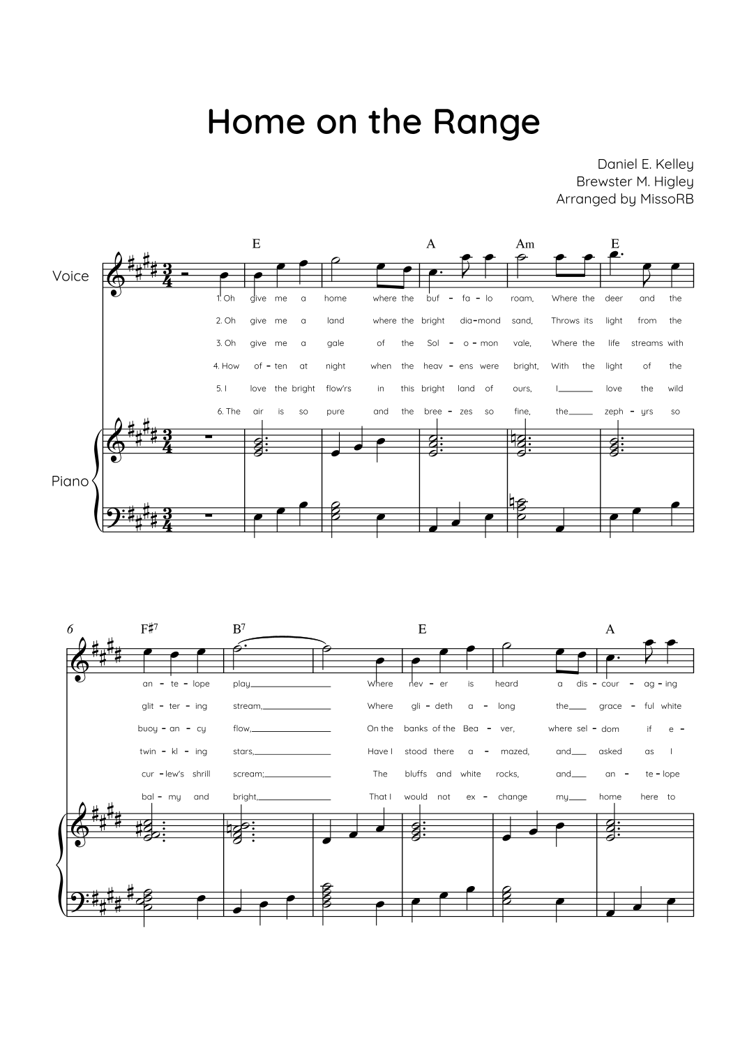 Home on the Range - Voice & Piano in E With Chords & Lyric - Easy (arr ...