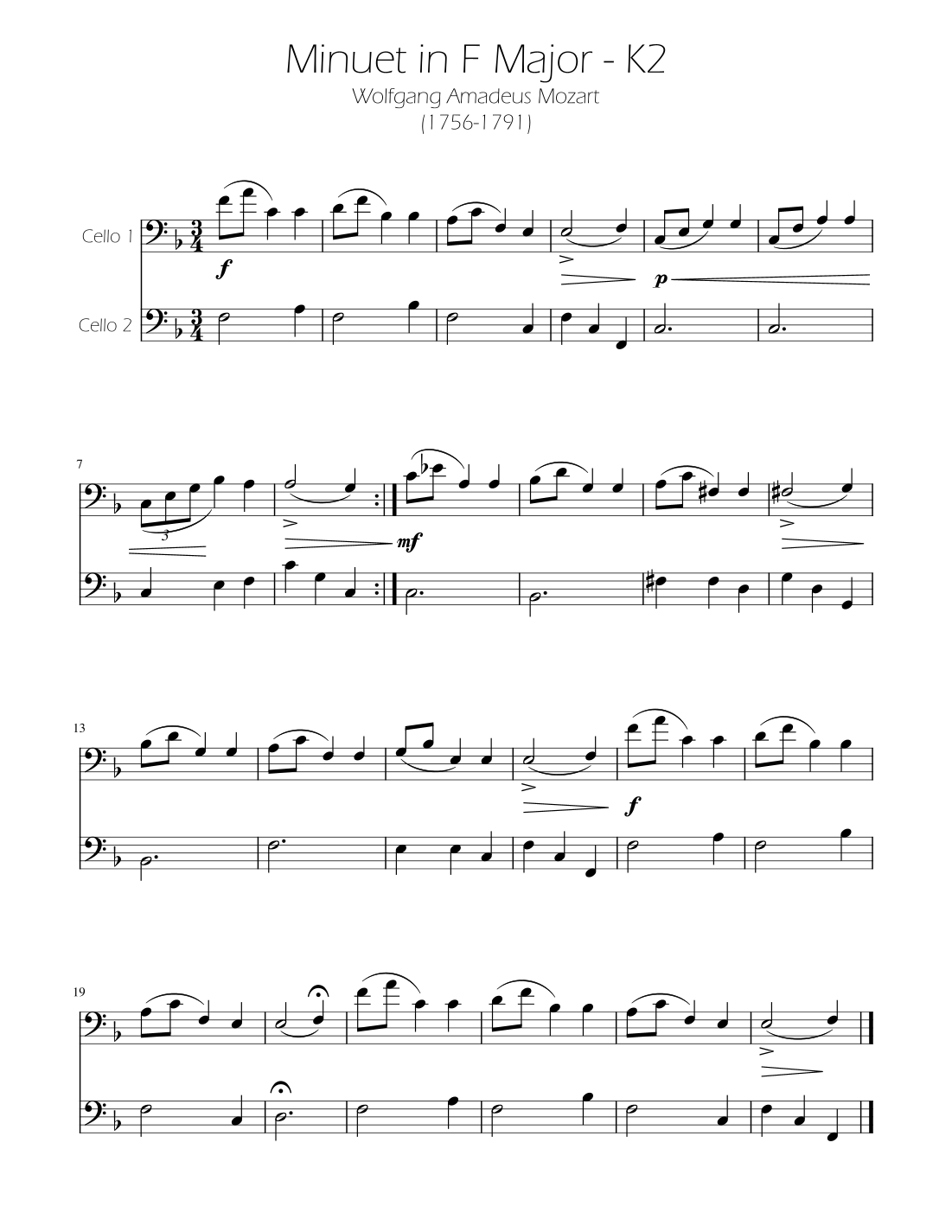 Mozart - Minuet in F Major K2 - Cello Duet (arr. Ygor Nunes) by Mozart ...