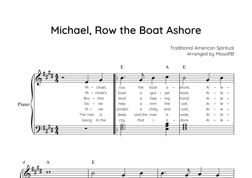 Michael, Row the Boat Ashore - Piano in E With Chords & Lyric - Easy ...