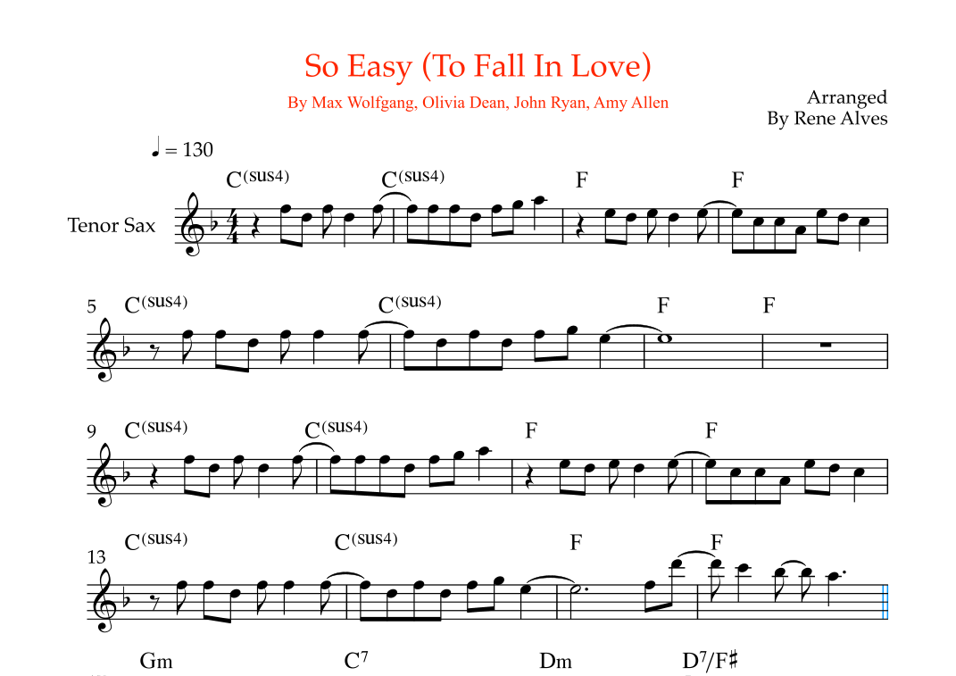So Easy (To Fall In Love) (arr. Rene Alves) by Olivia Dean Sheet Music ...