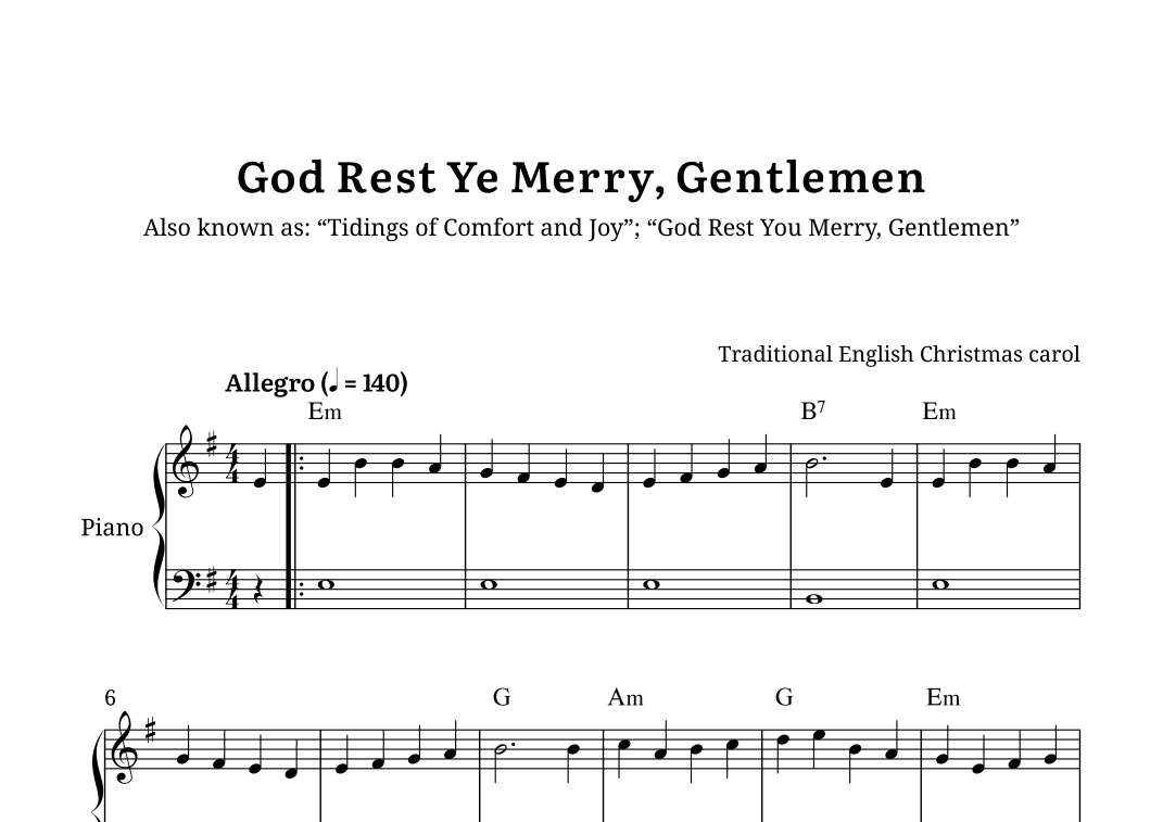 God Rest Ye Merry, Gentlemen – Easy Piano (E minor, with Chord Symbols ...