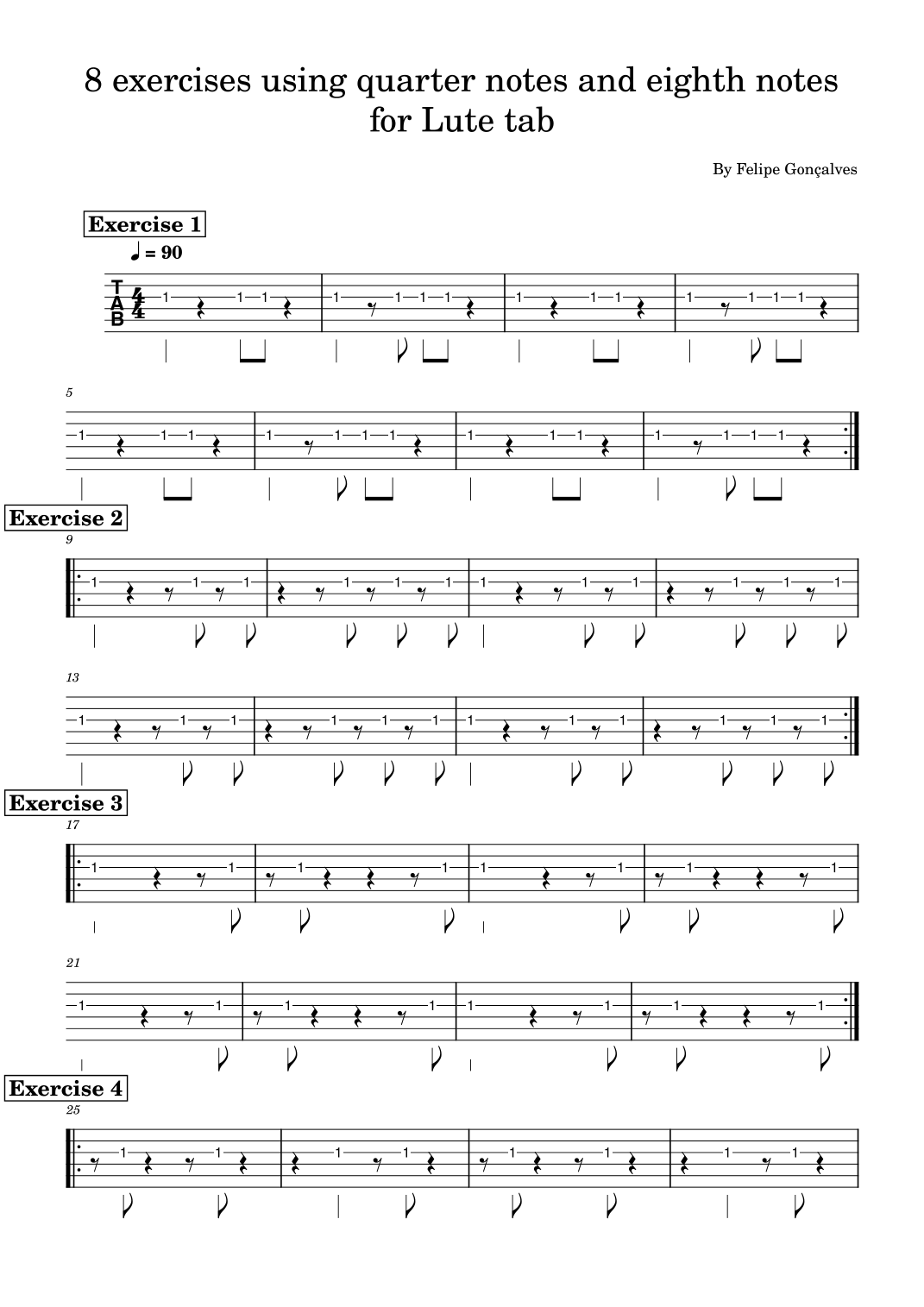 8 exercises using quarter notes and eighth notes for Lute tab by Felipe ...