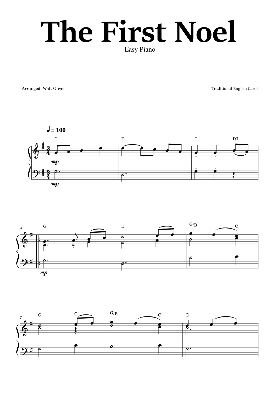 The First Noel - Easy Piano - G major (with chords) (arr. Walt Oliver ...