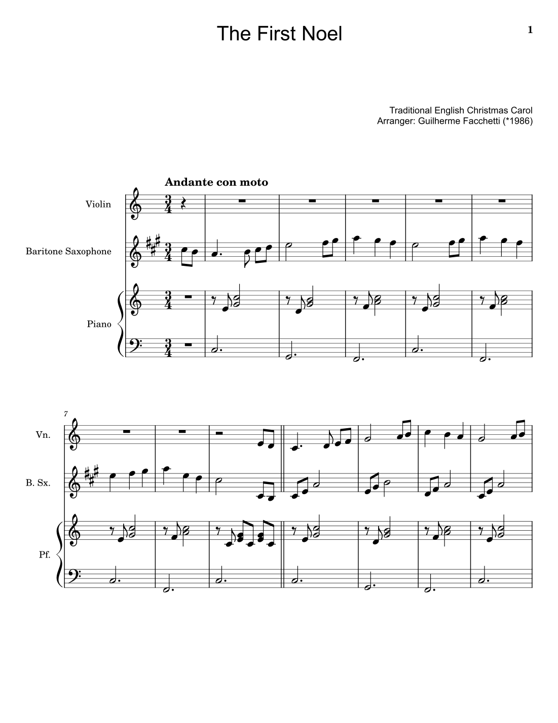 The First Noel - Violin, B. Sax. and Piano. With Parts. (arr. Guilherme ...