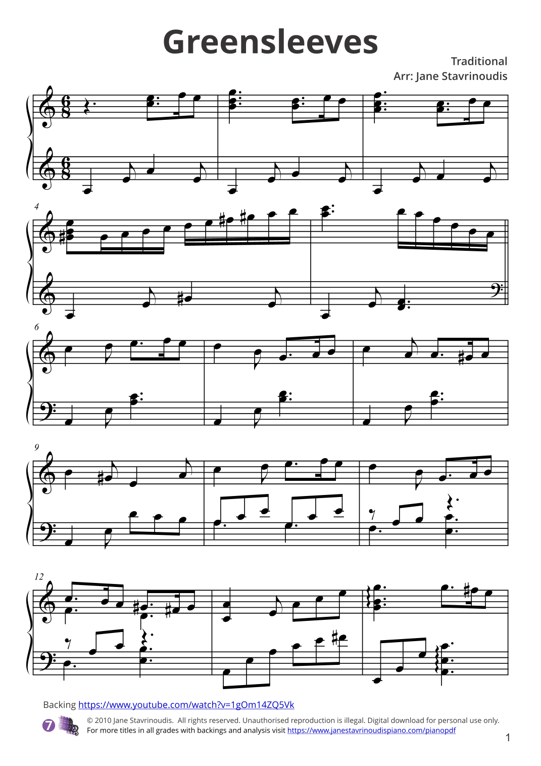Greensleeves (arr. Jane Stavrinoudis) by Traditional Sheet Music for ...