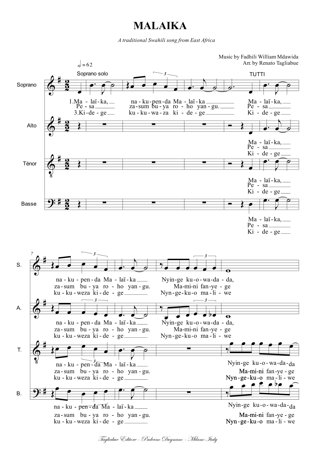 MALAIKA, a traditional Swahili song from East Africa (arr. Renato ...