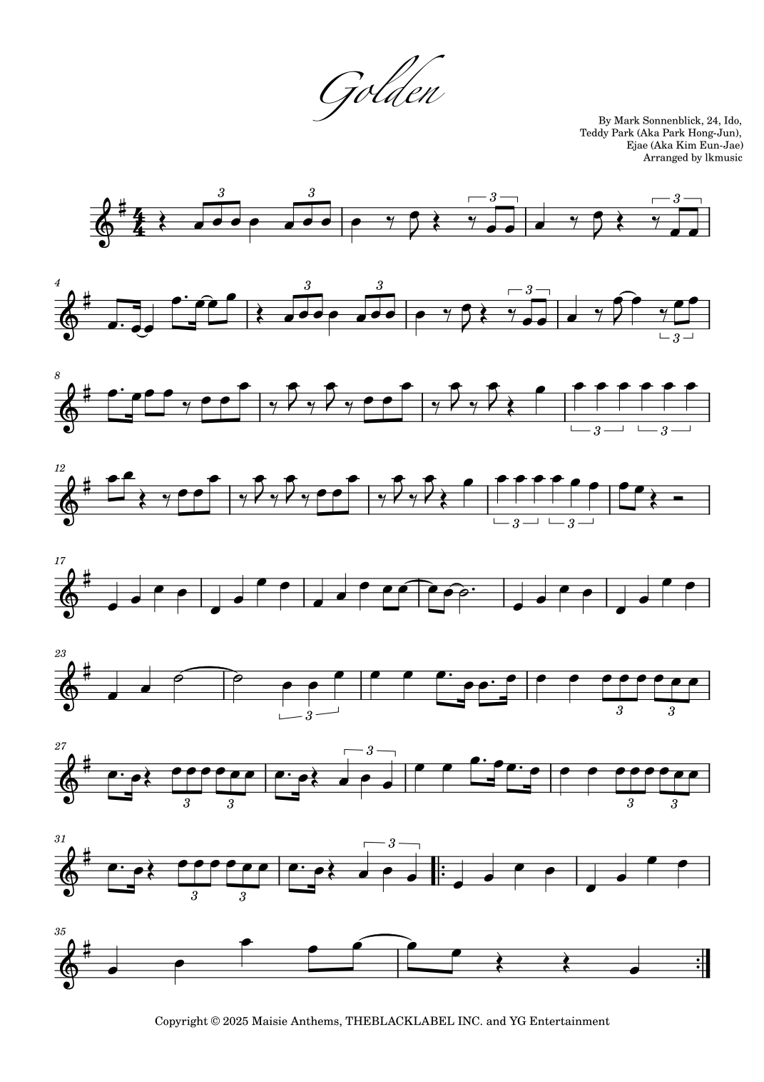 Golden (arr. Lkmusic) by Huntr/X (Ejae, Audrey Nuna And Rei Ami) Sheet ...