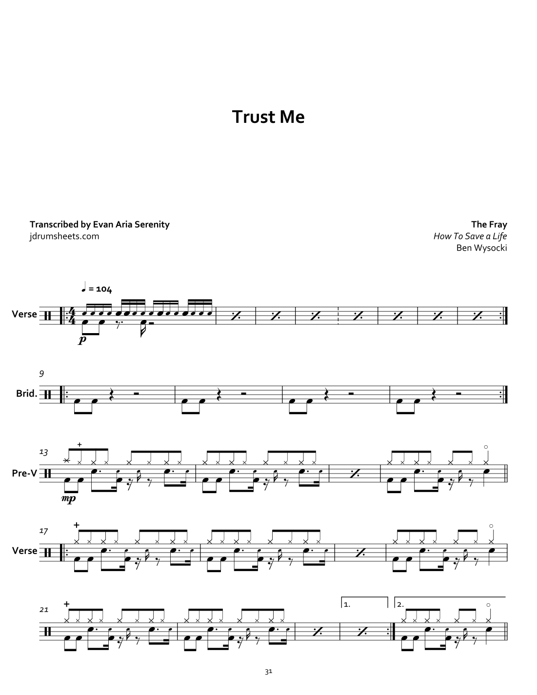 Trust Me (arr. Evan Aria Serenity) by The Fray Sheet Music for Drums at ...