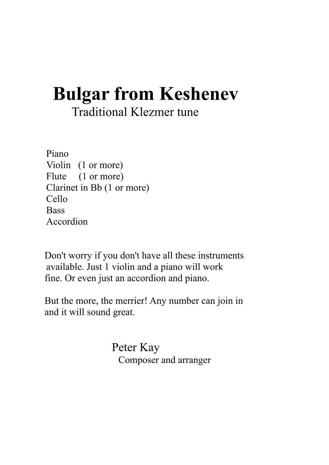 Bulgar from Keshenev for klezmer band (arr. Peter Kay) by Traditional ...