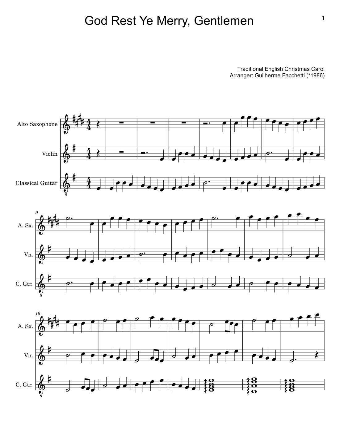 God Rest Ye Merry, Gentlemen - A. Sax., Violin and Guitar. With Parts ...