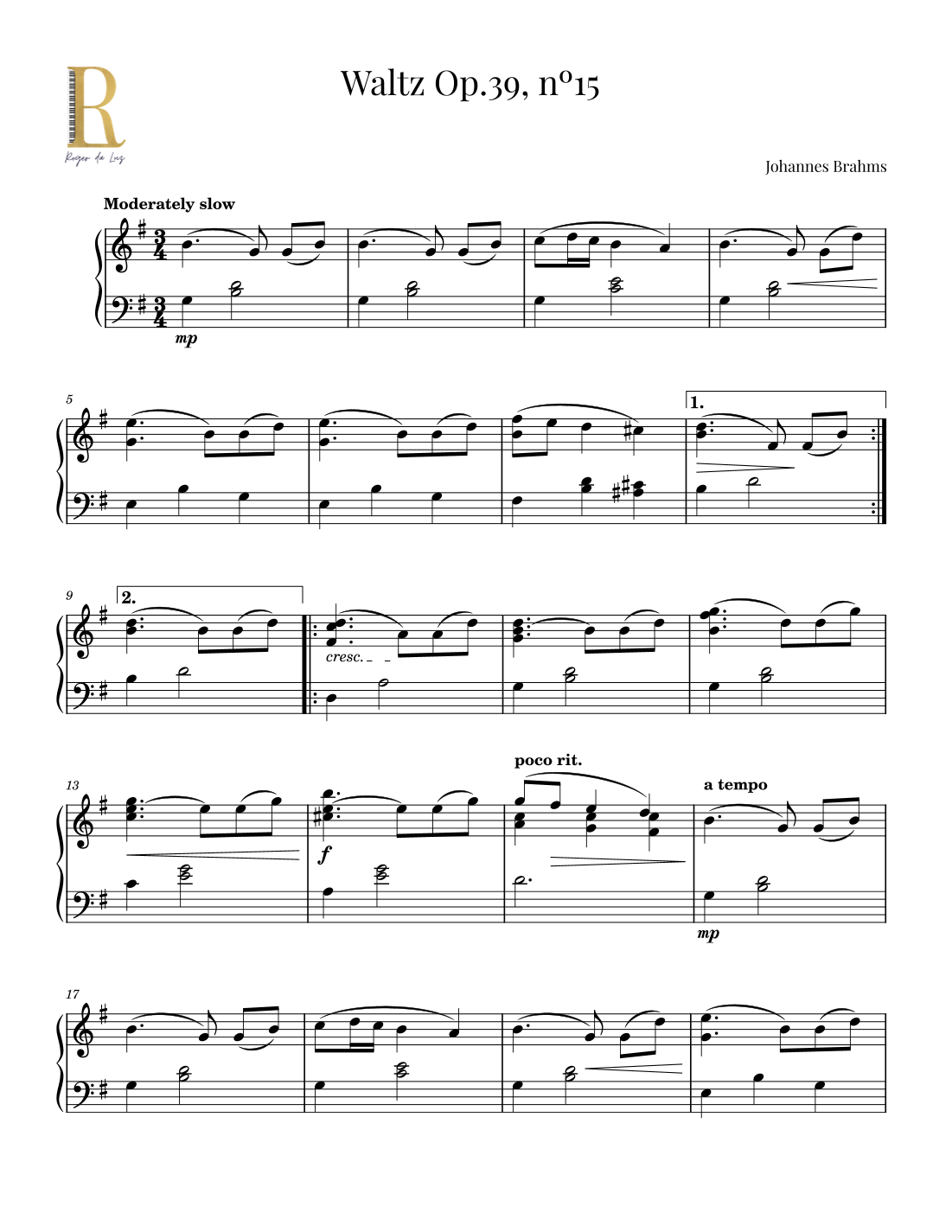 Waltz Op. 39, No. 15 – Johannes Brahms - Easy Piano (arr. Roger da Luz ...
