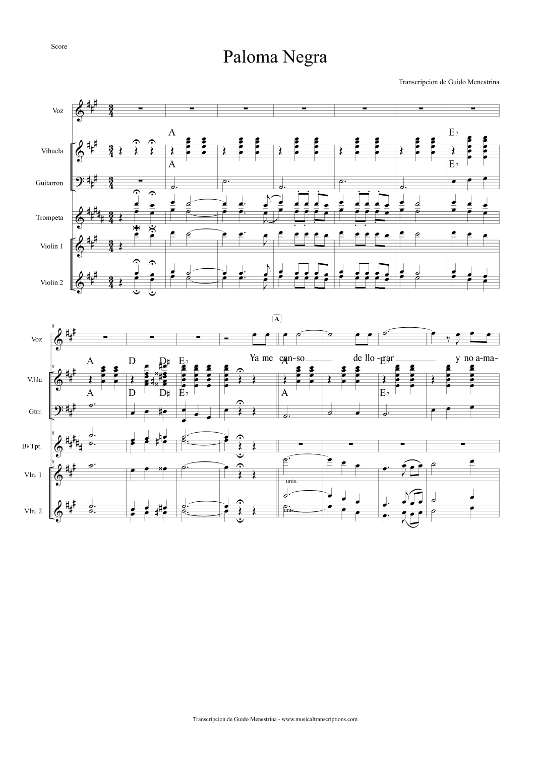 Paloma Negra - Small mariachi ensemble version (arr. Guido Menestrina ...