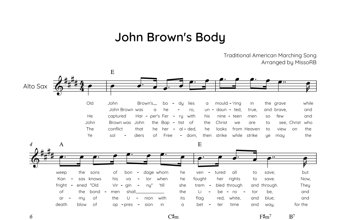 John Brown's Body - Alto Sax in G With Chords & Lyric (arr. MissoRB) by ...