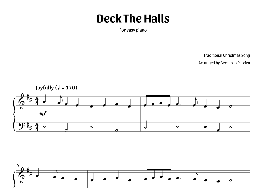 Deck The Halls (easy piano in D major – clean sheet music) (arr ...