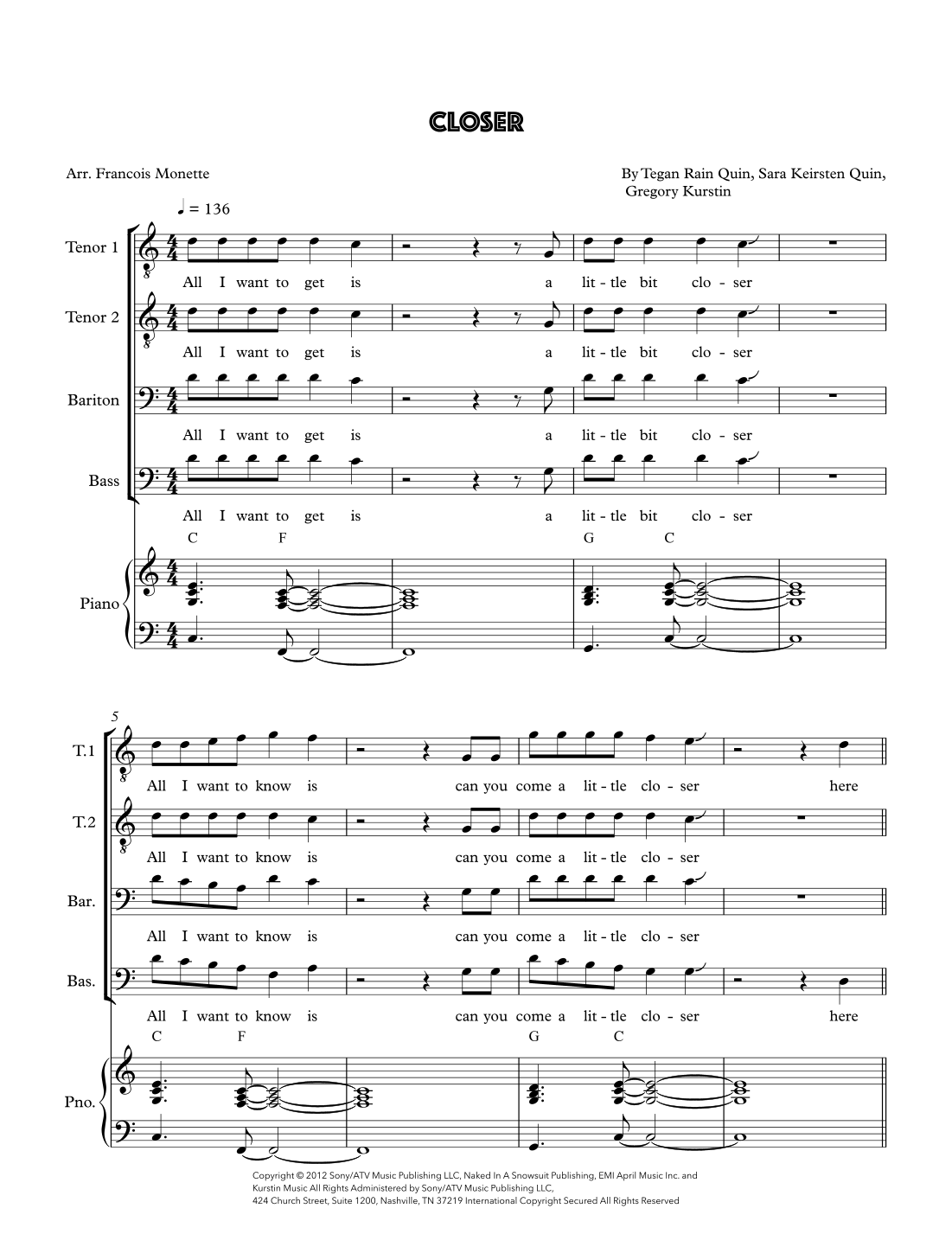 Closer (arr. Francois Monette) by Sara Keirsten Quin Sheet Music for ...