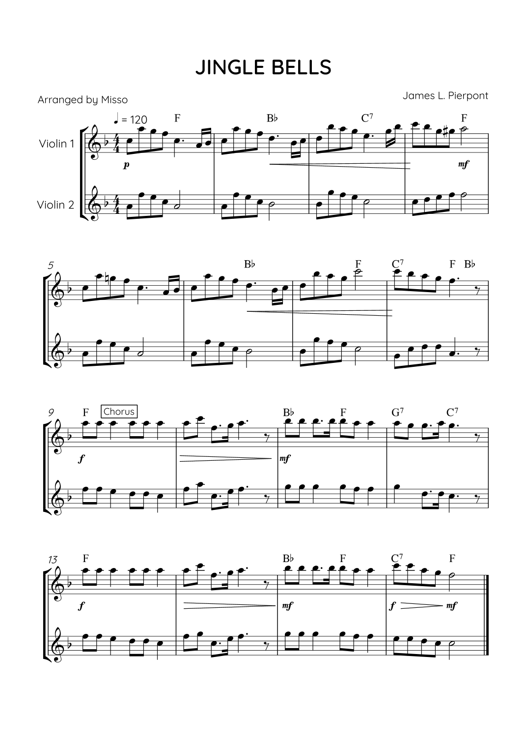 Jingle Bells - Violin Duet in F Major (Intermediate With Chords) (arr ...