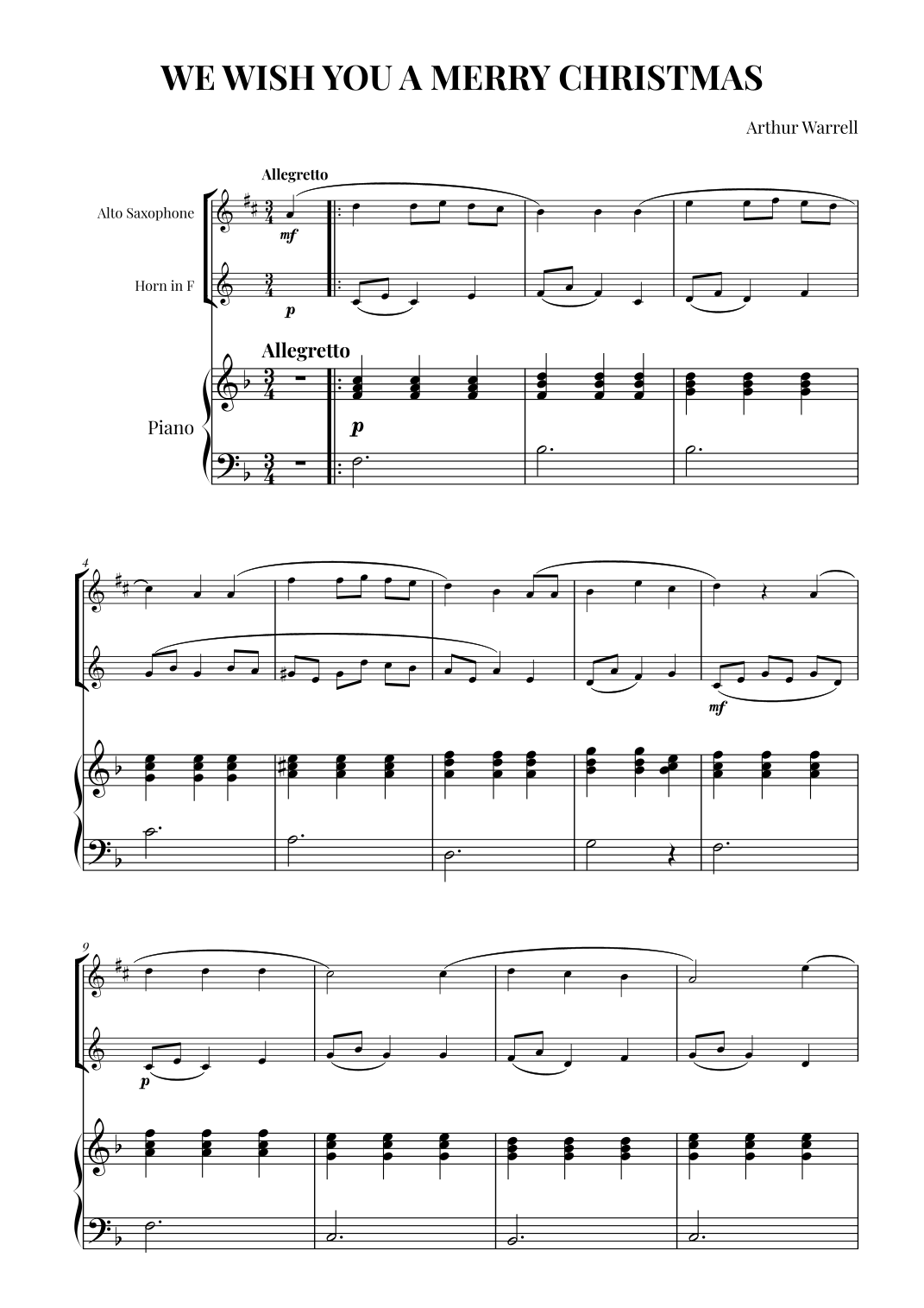 We Wish You a Merry Christmas - for Alto Sax, Horn in F and Piano (arr ...